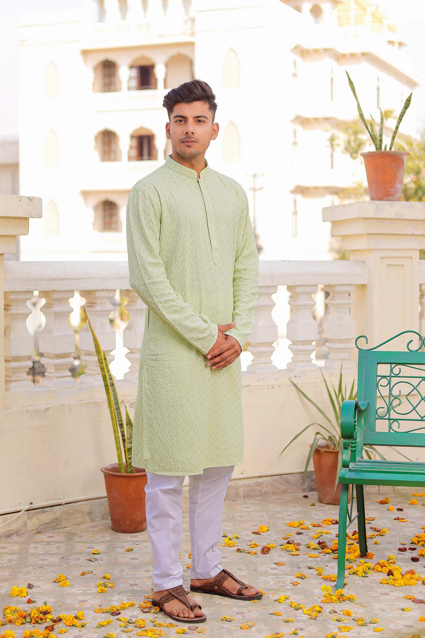 Pista Sequin Embellished Chikankari Kurta Suit for Elegant Events ...