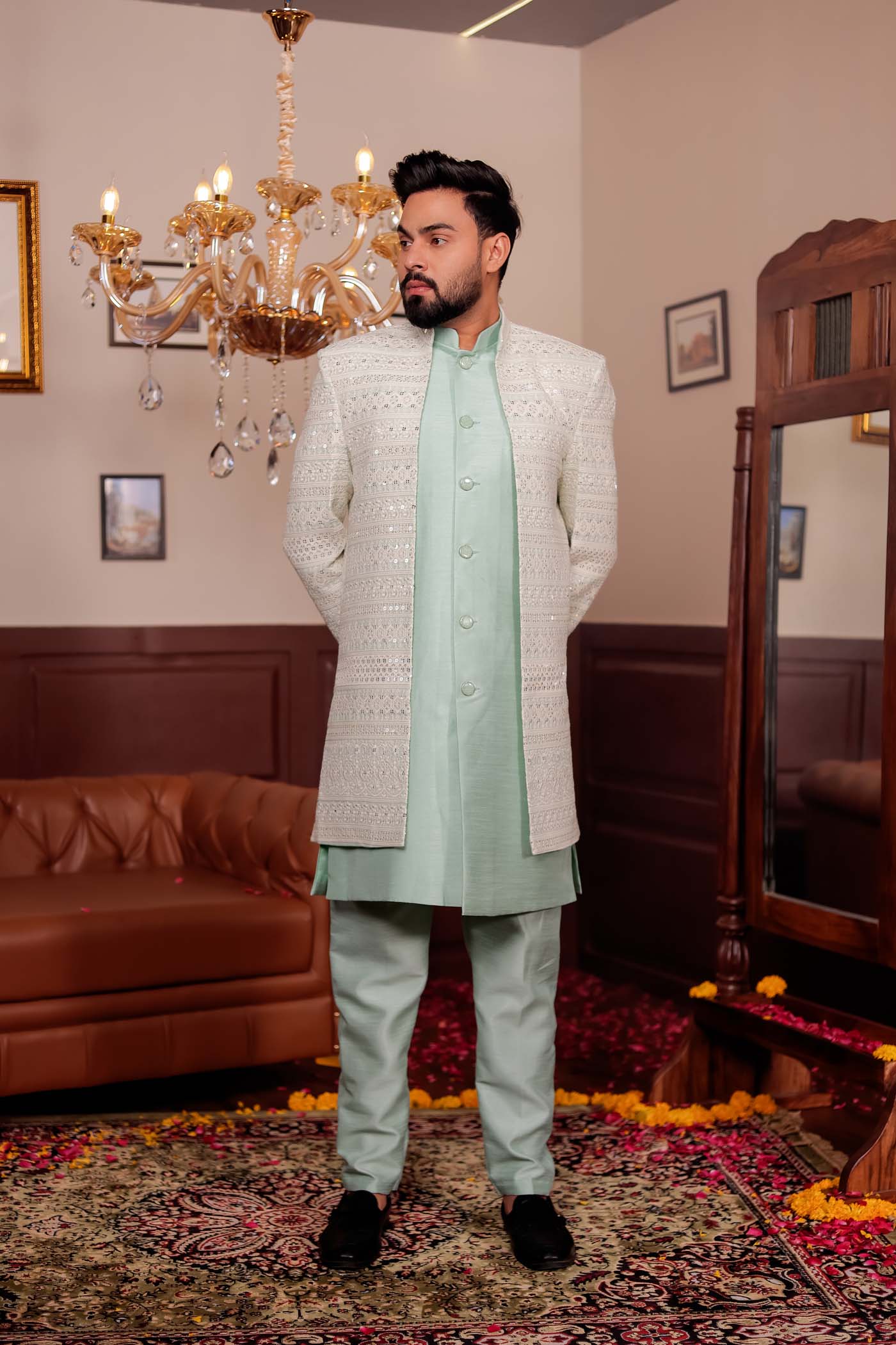 Mint Green Lucknowi Open Jacket Style Indo-western Suit | Ladlee Direct