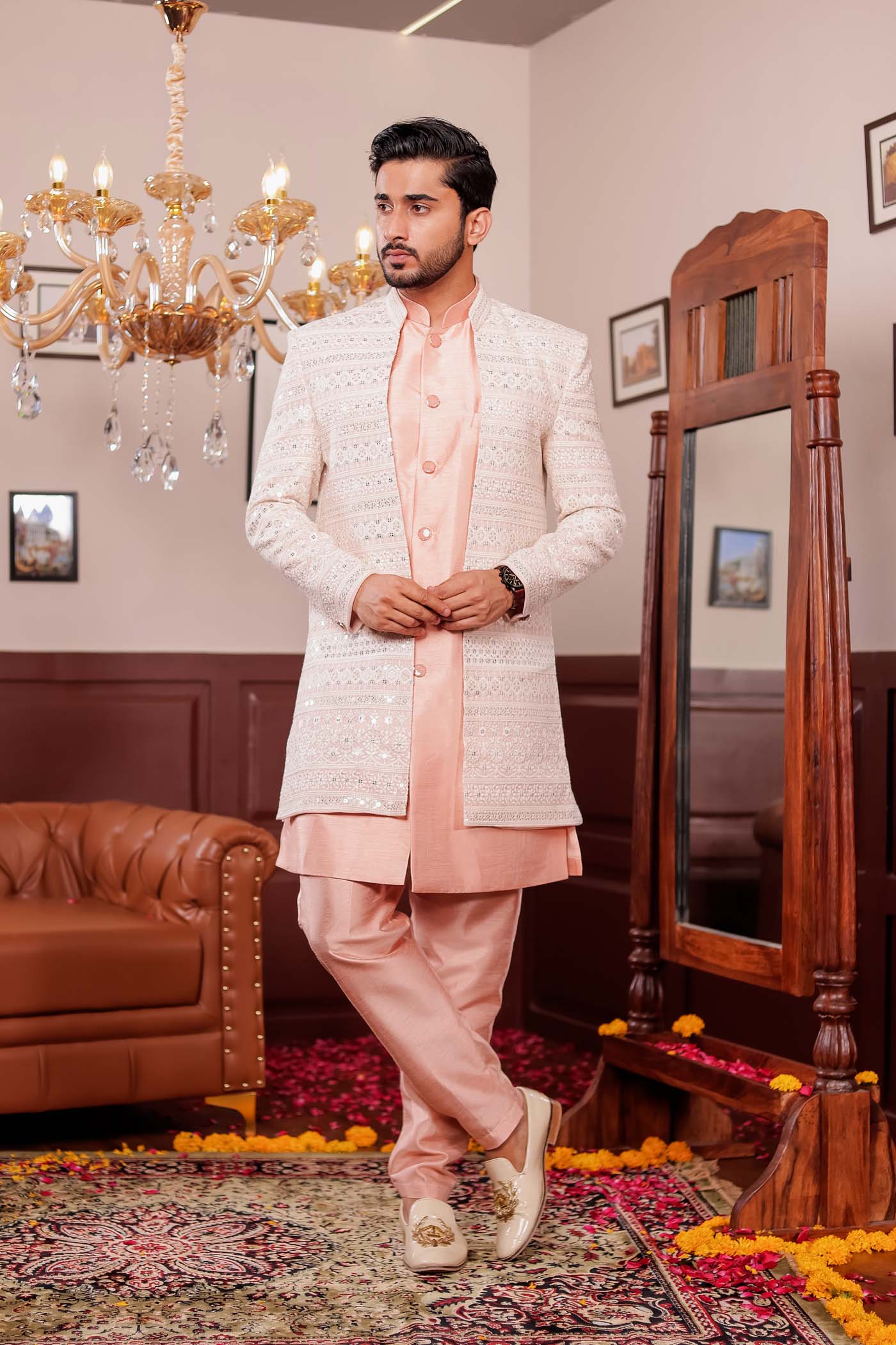 Light Peach Lucknowi Open Jacket Style Indo-western Suit. – Ladlee Direct