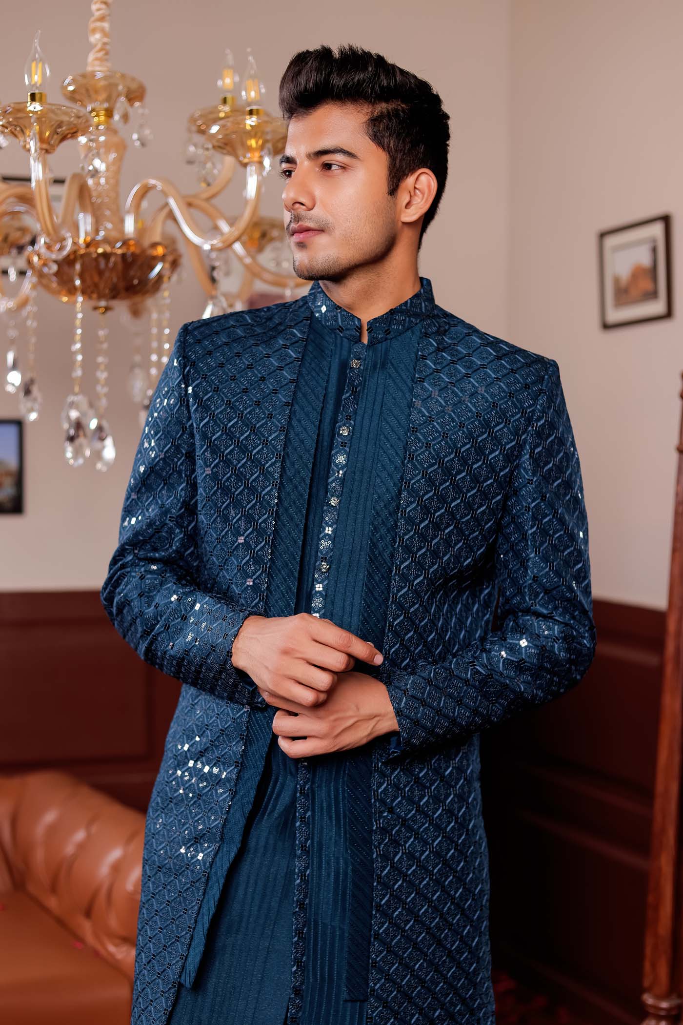 Teal Blue Open Jacket Style Indo-western Suit. – Ladlee Direct