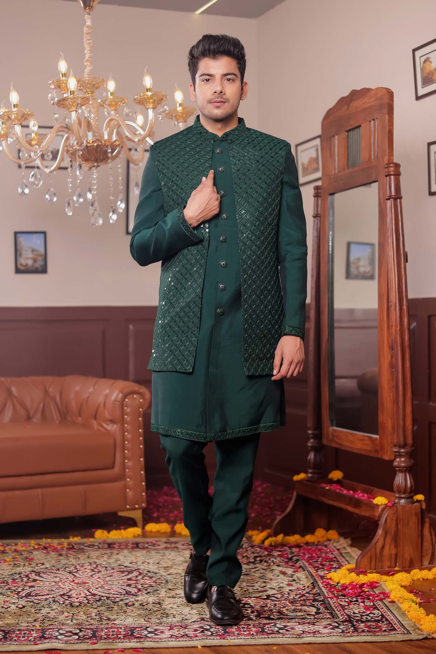 Bottle Green Open Jacket Style Suit with Sequin Work – Ladlee Direct