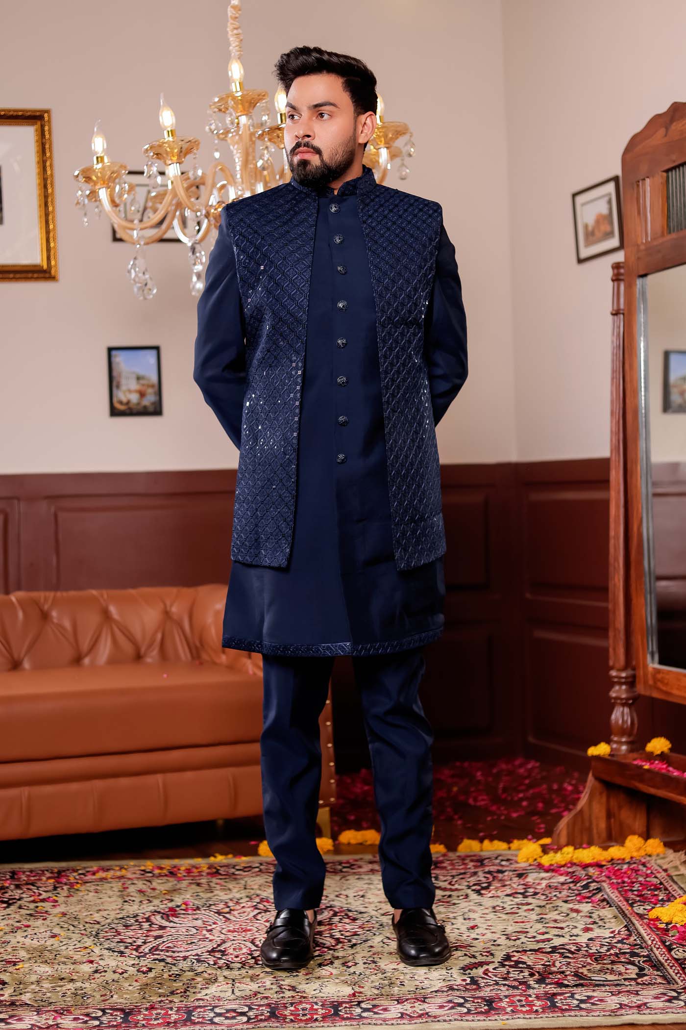 Navy Blue Open Jacket Style Suit with Sequin Work. – Ladlee Direct