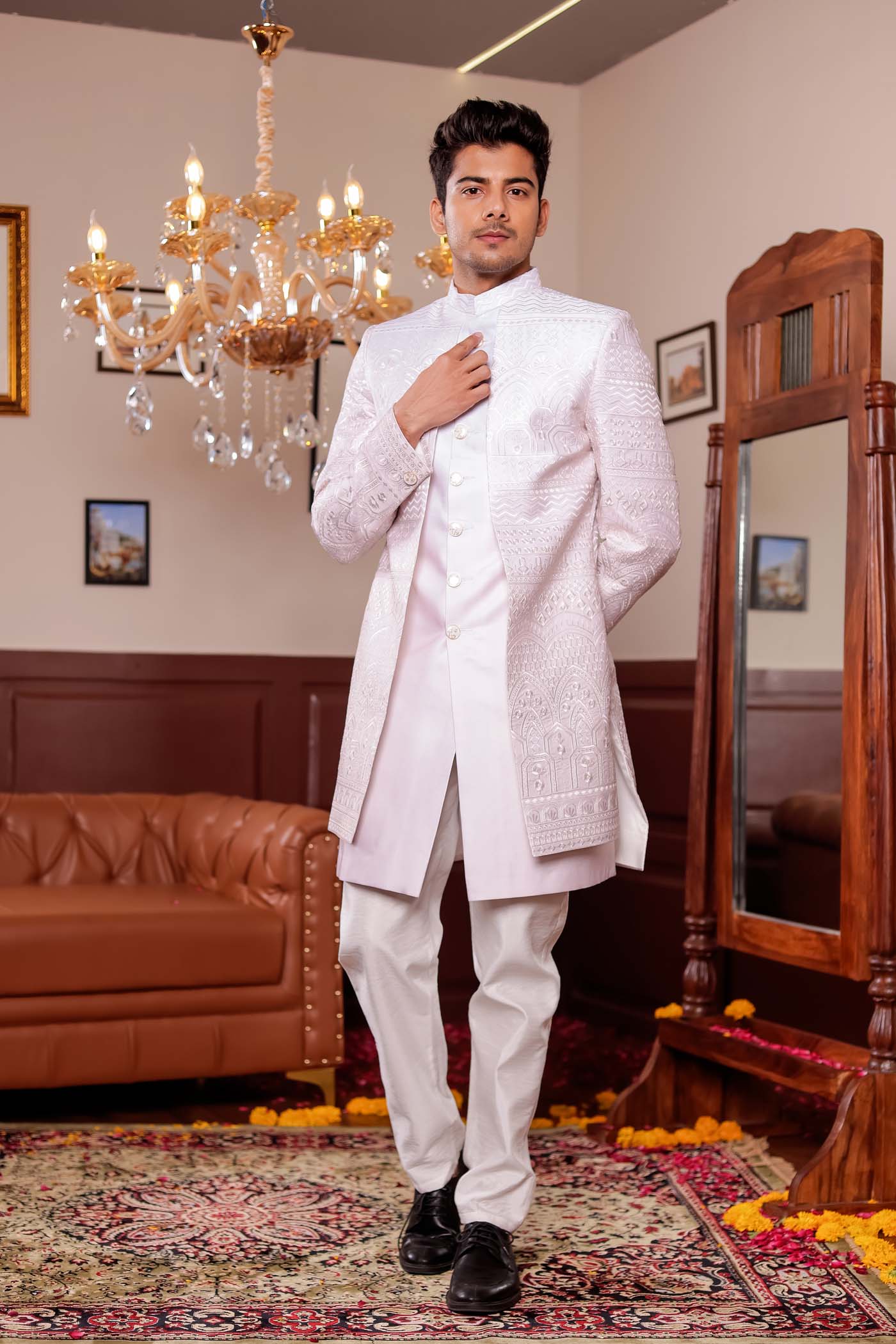 Beige Lucknowi Silk Jacket Style Indo-wester Suit. – Ladlee Direct