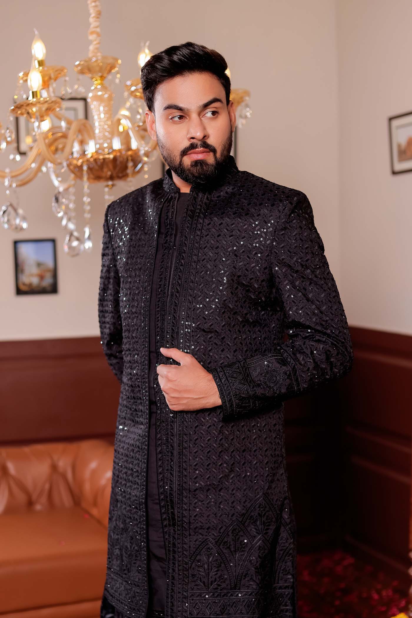 Black Lucknowi Silk Jacket Style Indo-wester Suit with Embroidery All ...